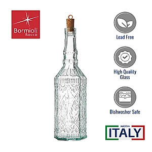 Bormioli Rocco Set Of 2 Country Home Fiesole Bottle, 24-ounce With All Natural Cork Lid, Blue-green Tinted Star Glass, Elegant And Floral Design Made In Italy.