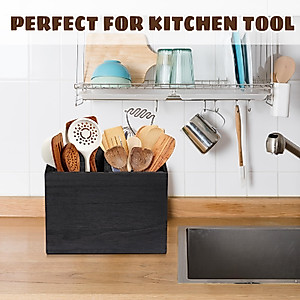 Wooden Kitchen Utensil Caddy With 2 Compartments, Rustic Kitchen Utensil Holder for Kitchen Countertop, Wood Utensil Crock Organizer Box for Farmhouse Kitchen Decor (black)