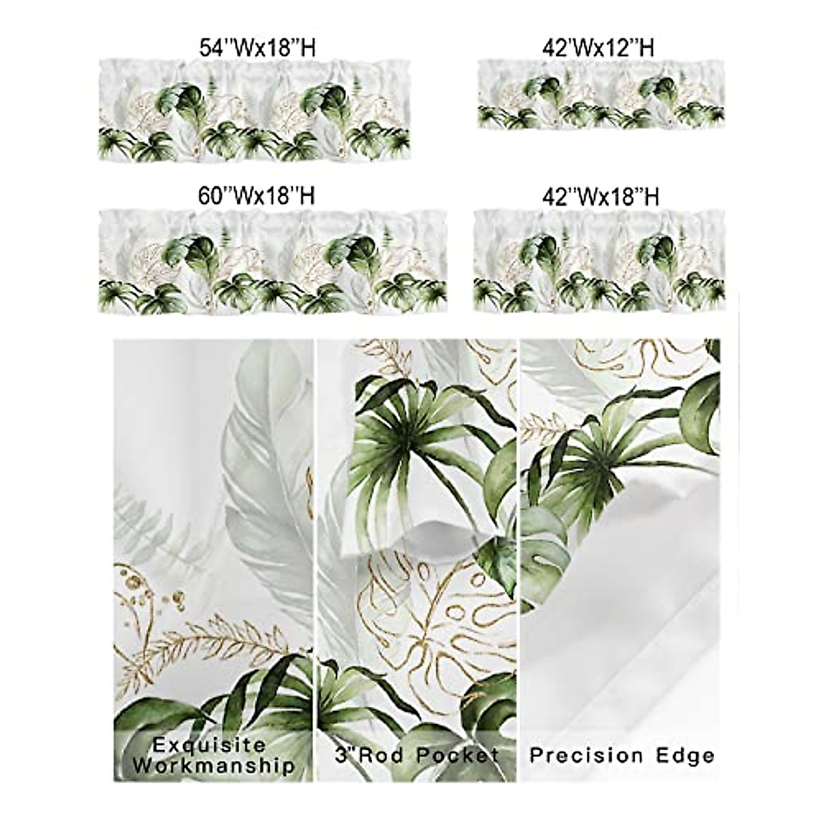 Curtain Valance for Windows Summer Tropical Monstera Leaves Kitchen Valances Rod Pocket Short Curtains,Green Plants Foliage Gold Powder on White Window Treatment Panel for Living Room 42x12in