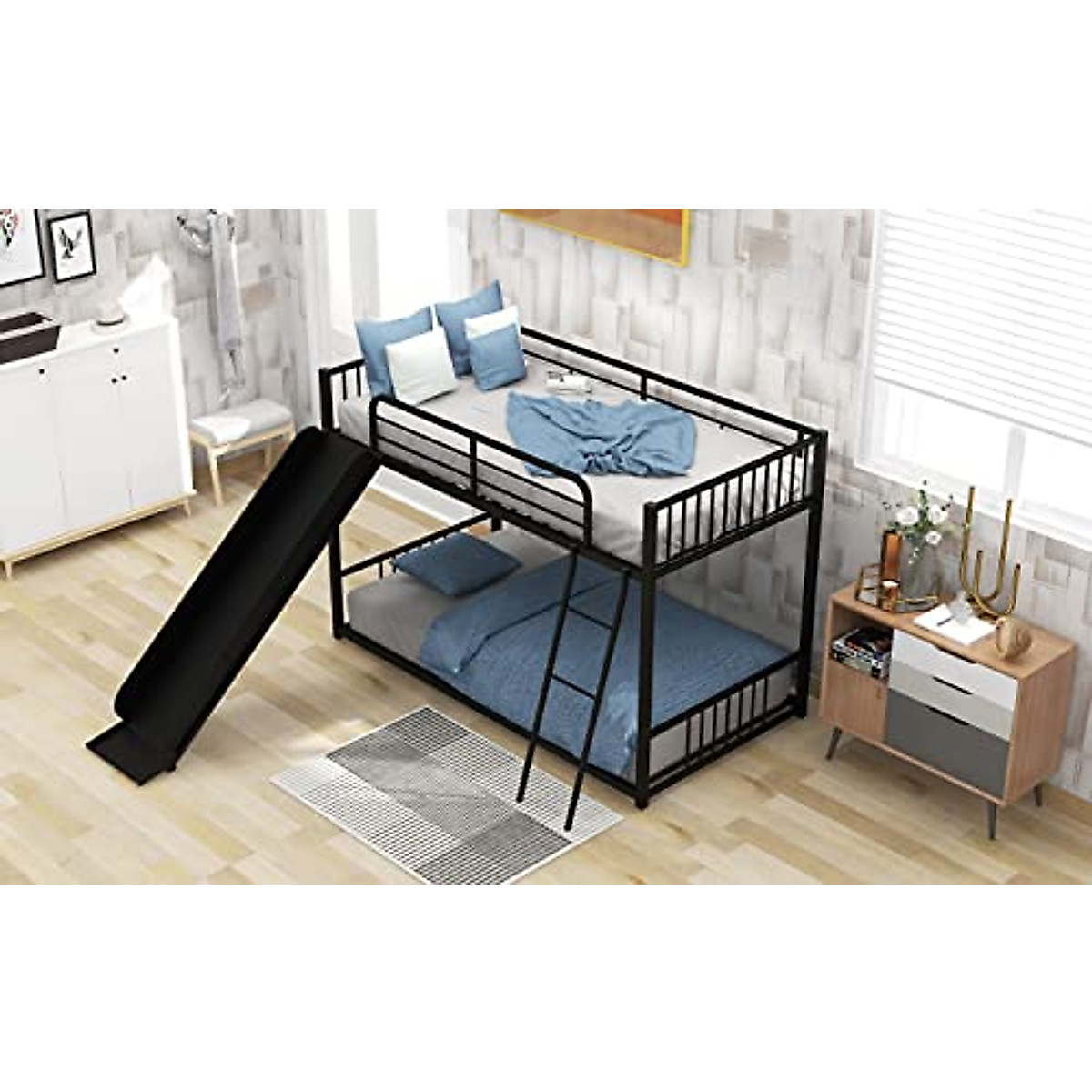 Tidyard Metal Bunk Bed with Slide, Twin Over Twin, Black for Bedroom Dorm Guest Room Home Furniture