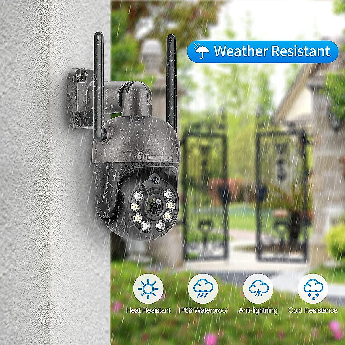 Techage PT815G, Plug-in, Pan Tilt Security Camera Outdoor, Auto Tracking, 3MP, 360° View, WiFi, 2 Way Audio, Color Night Vision with Floodlights, IP66 Waterproof, SD Card/Cloud Storage, Grey