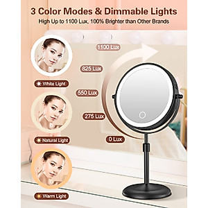 Benbilry Lighted Makeup Mirror with 10X Magnification & 3 Color Lights, Adjustable Brightness & Height, 7 Inch 360° Swivel Rechargeable LED Magnifying Make Up Mirror with Lighting (Black)
