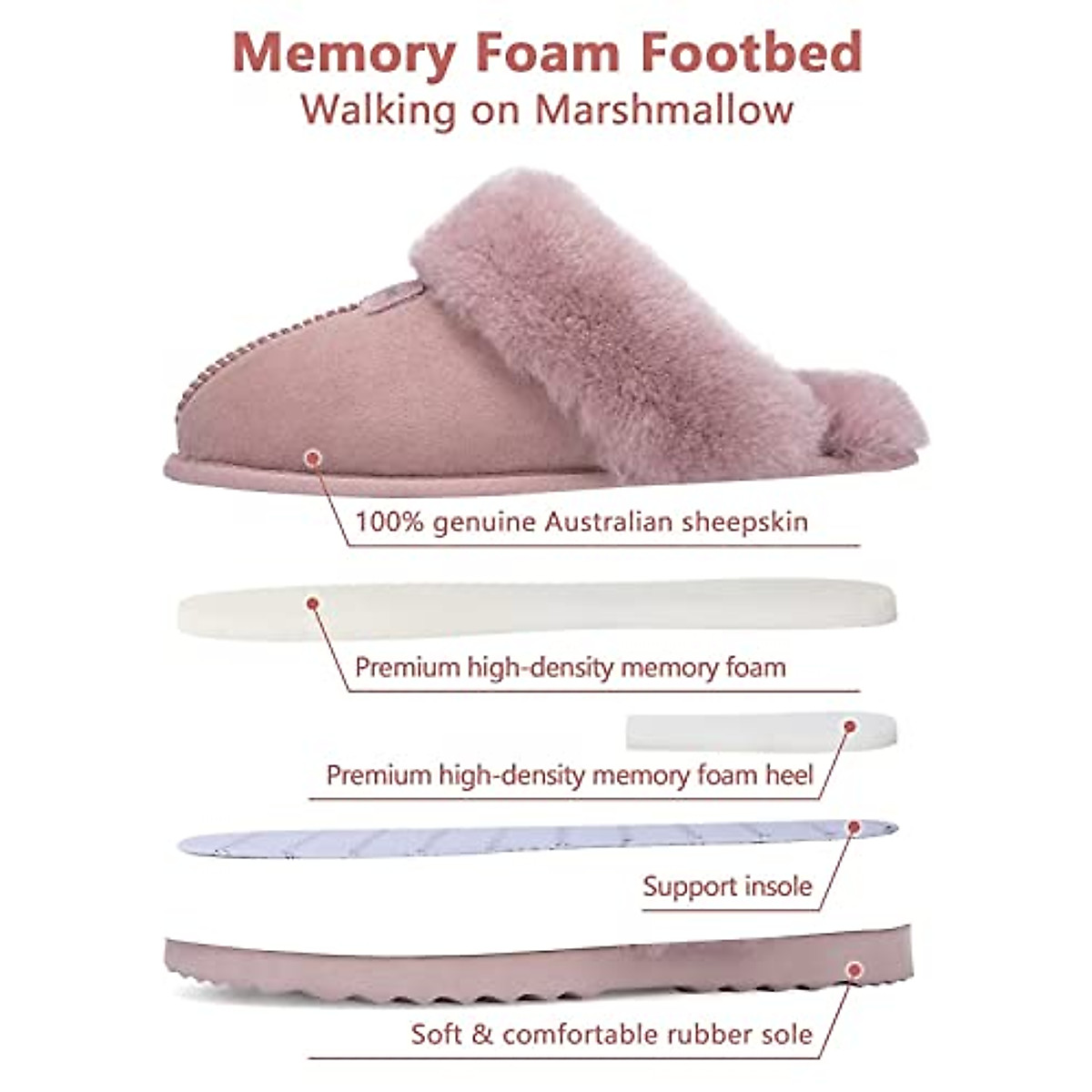 FUZZYFOAMS Genuine Australian Sheepskin Women Slippers Memory Foam Shearling Slipper Water Resistant Warm and Fluffy Indoor Outdoor House Shoes U822YMBT901.SY-Dusty Pink-40