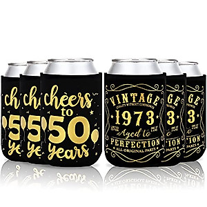 Cheers to 50 Years Can Sleeves Vintage 1973 50th Birthday Party Decorations for Men Supplies Can Cover Sleeves Black and Gold Neoprene Sleeves for Soda Can Beverage Set of 12