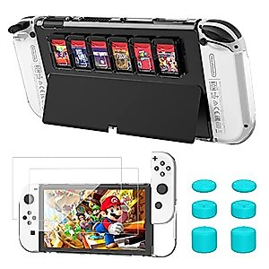 MoKo Case Compatible with Nintendo Switch OLED Model 2021, PC Protective Accessories Cover Case with 6 Game Card Slots and 6 Thumb Caps & 2 Tempered Glass Screen Protectors, Clear+Blue