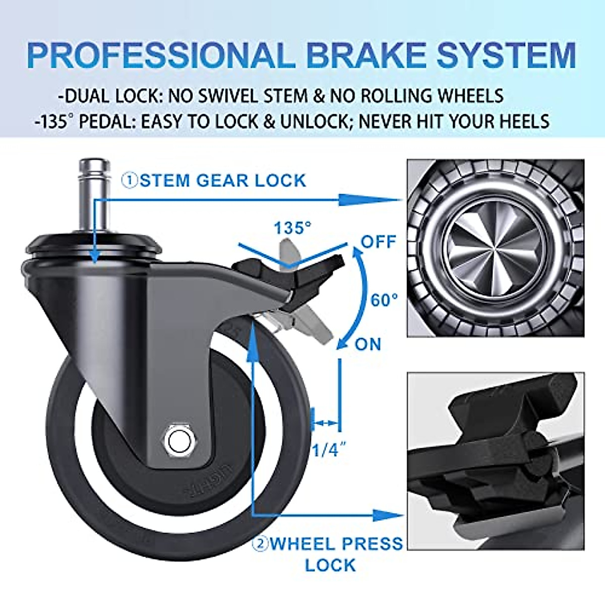 WUDOYO Professional Locking Office Chair Wheels with Brakes Wide Rubber Heavy Duty Replacement for Carpet Wood Tile Floor(with 5 Locks)