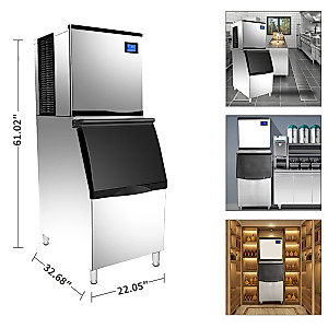 CMICE Commercial Ice Machine, 350 Lbs/24H Industrial Ice Maker Machine with 308 Lbs Ice Storage, Vertical Ice Maker Machine, Air Cooled Stainless Steel Ice Cube Maker for Commercial and Home Use