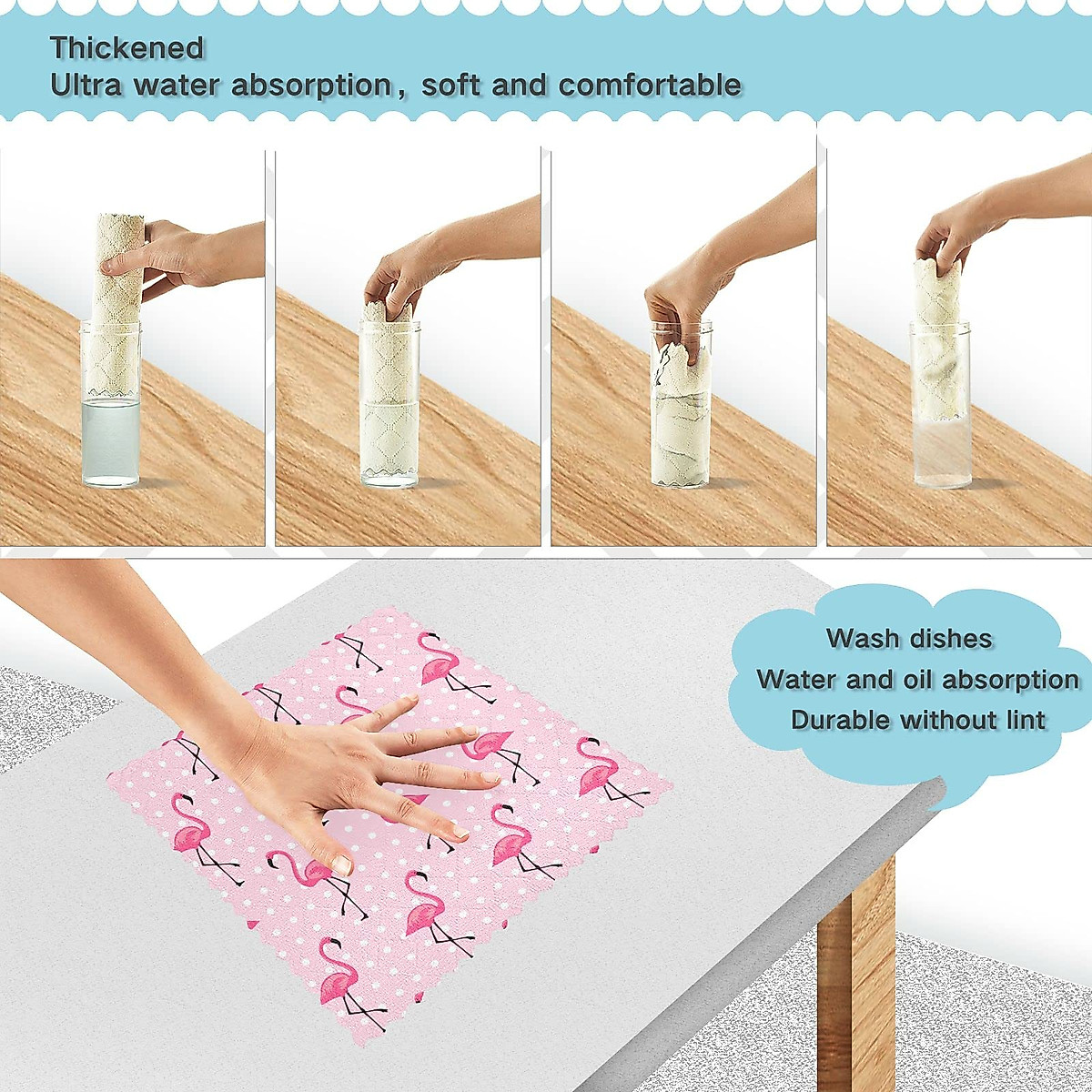 Kigai Pink Flamingos and Dots 11×11 Inches Polyester Flannel Six-Piece Multifunctional Kitchen Dishcloth Soft Absorbent Towel Dishcloth Tea Towel Square Towel