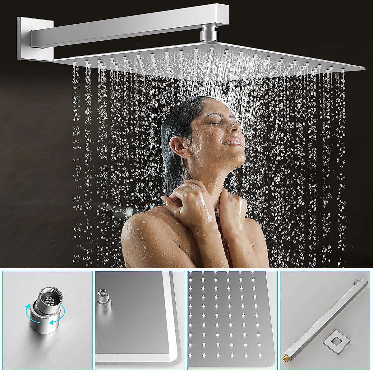 Shower System Modern Rain 12 inches Brass Shower Faucet Set With Valve and Diverter Shower Mixer With Handheld High Pressure Square Rainfall Shower Rough-in Valve (12‘’, Brushed Nickel)