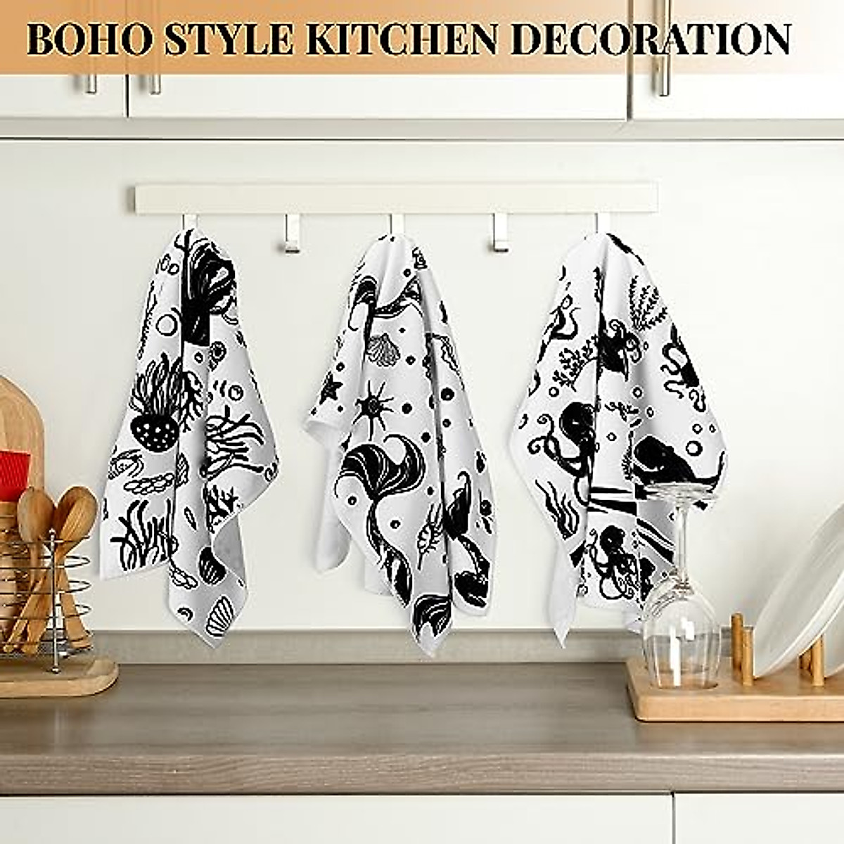 Newwiee 6 Pieces Boho Kitchen Towels Black and White Funny Dish Towels Ocean Animal Themed Tea Towels Absorbent Towels for Boho Housewarming Gifts Kitchen Decoration, 16 x 28''
