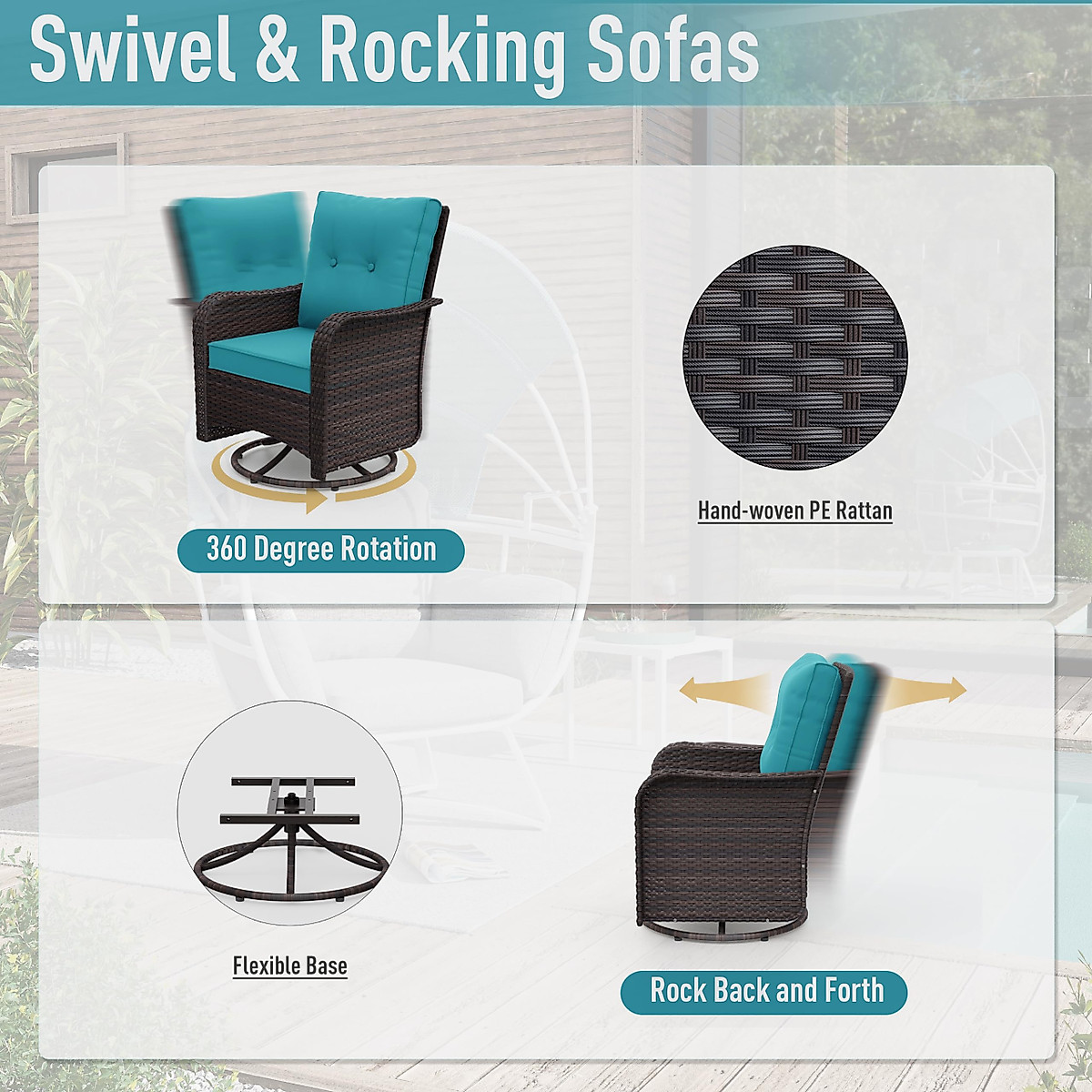 Knnbxa 11 Pieces Patio Furniture Set Modular Outdoor Set with 2 Swivel Chairs Outdoor Sectional Wicker Rattan Sofa Set w/55000 BTU Fire Pit Conversation Set for Backyard Porch-Blue