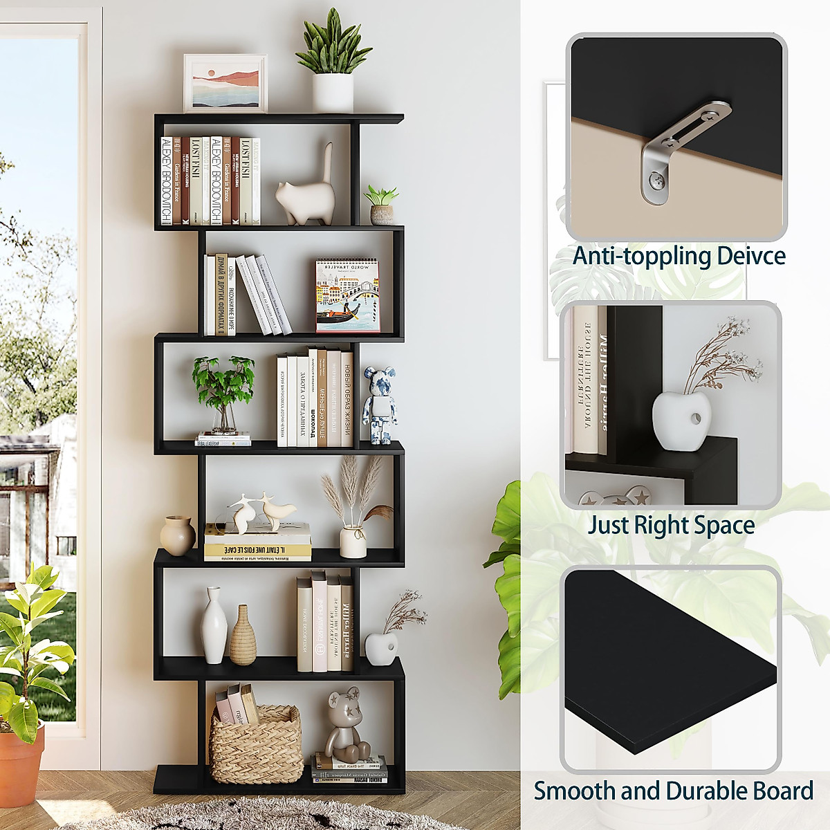 Yusong Bookshelf 6-Tier, Geometric Bookcase S Shaped Book Shelves for Bedroom, Modern Wood Decorative Display Shelf Tall Book Case for Home Office, Black