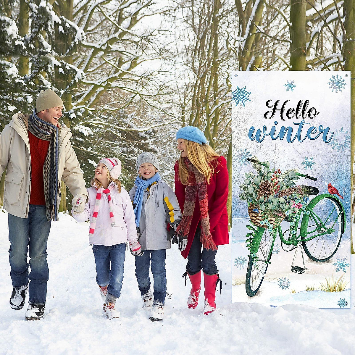 Hello Winter Welcome Porch Sign Door Cover Banner Winter Party Decoration Backdrop Floral Bike Banner Large Seasonal Door Banner Background Door Cover, 70.8 x 35 Inch (Winter Style)