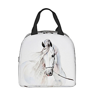 PrelerDIY Watercolor White Horse Lunch Box - Insulated Lunch Bags for Kids Boys Girls Reusable Lunch Tote Bags, Perfect for School/Camping/Hiking/Picnic/Beach/Travel