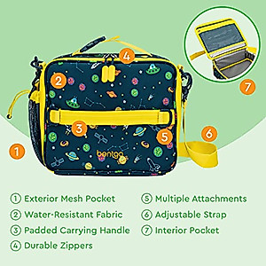 Bentgo® Kids Lunch Bag - Durable, Double Insulated, Water-Resistant Fabric, Interior & Exterior Zippered Pockets, Water Bottle Holder - Ideal for Children 3+ (Space)
