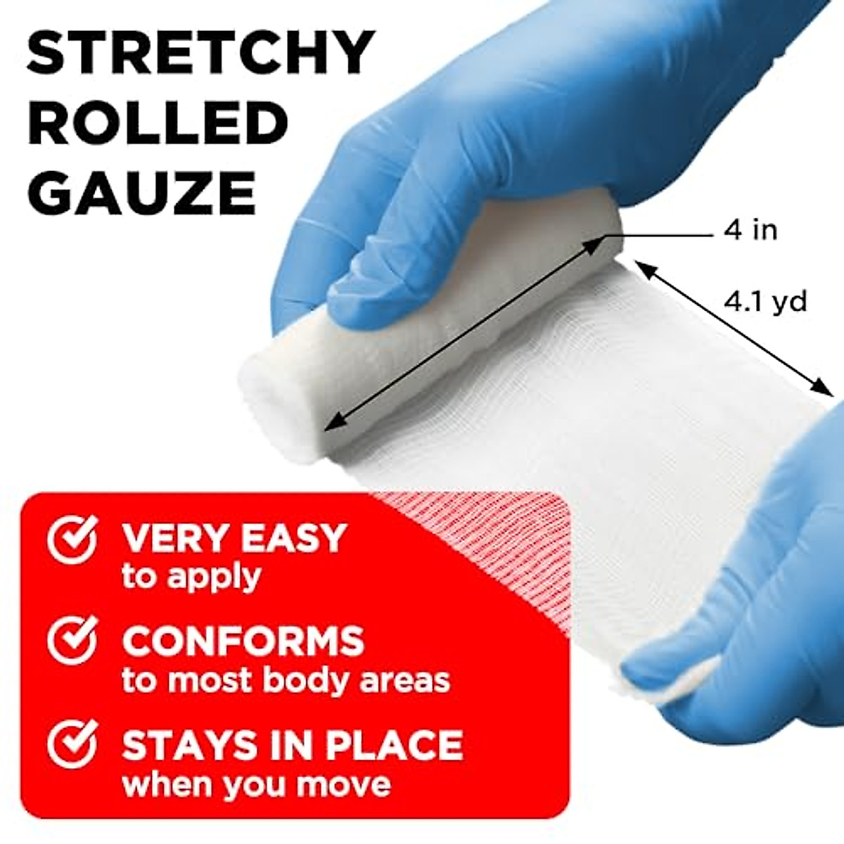 Premium Gauze Rolls - (24 Pack) - 4" x 4.1yd Breathable Rolled Gauze - Individually Wrapped + Bonus Tape - First Aid Conforming Gauze Wrap Roll for Wounds