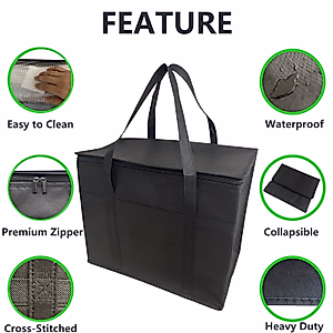 SIAGCRAW Insulated Reusable Grocery Bag, Heavy Duty Shopping Bags for Groceries, Portable Cooler Bag, Food Delivery Bag, Large Size, Collapsible, Sturdy Zipper