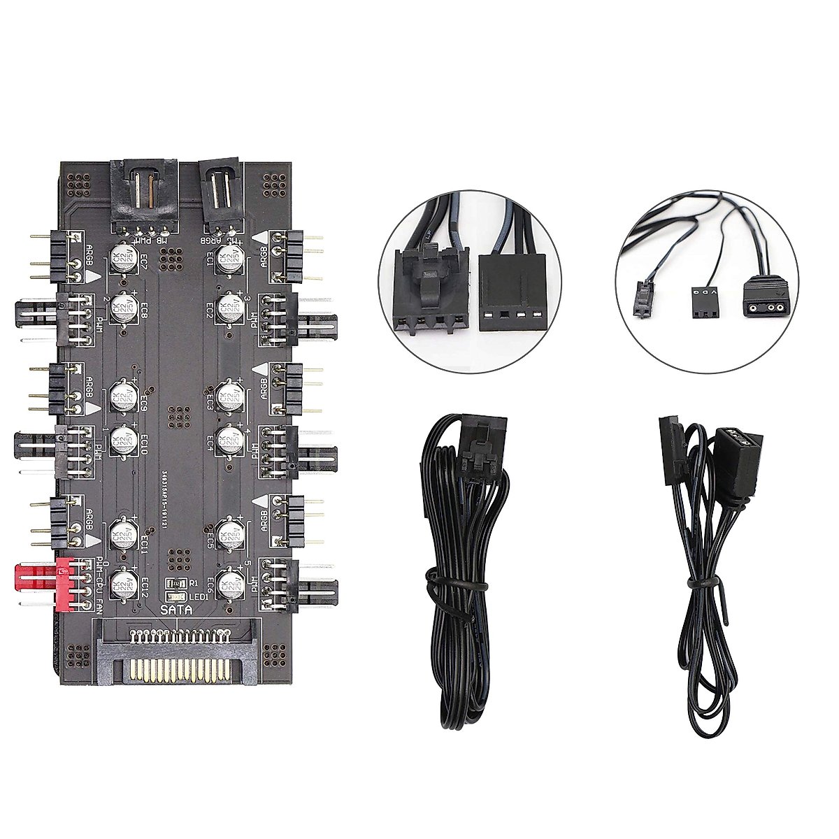 12V 4Pin PWM & 5V 3Pin ARGB with SATA 15Pin Power 2-in-1 Hub 6 Way Sync CPU Cooling Fan Addressable RGB Lighting PCB Splitter for Extended Motherboard Interface -Black Compatible With Desktop