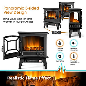 Tangkula 20 Inches Electric Fireplace Stove, Freestanding Fireplace Infrared Heater with Adjustable Thermostat and Realistic Flame Effect 1400W Indoor Space Heater with Overheating Safety Protection