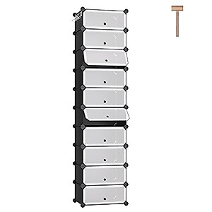 DINMO 10-Tier Shoe Rack with Doors for Entryway, 20 Pairs, Portable Plastic Cubby Shoe Shelves Organizer Unit, DIY Shoe Cabinet, Black