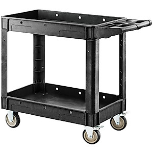 LoJok 640 LBS Capacity Heavy Duty Utility Cart with Wheels, Plastic 2-Tier RollingTool Cart Black, 360° Universal Wheels with 2 Brakes for Warehouse, Garage