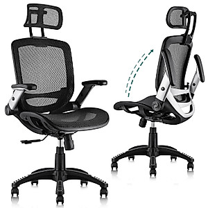 GABRYLLY Ergonomic Mesh Office Chair, High Back Desk Chair - Adjustable Headrest with Flip-Up Arms, Tilt Function, Lumbar Support and PU Wheels, Swivel Computer Task Chair