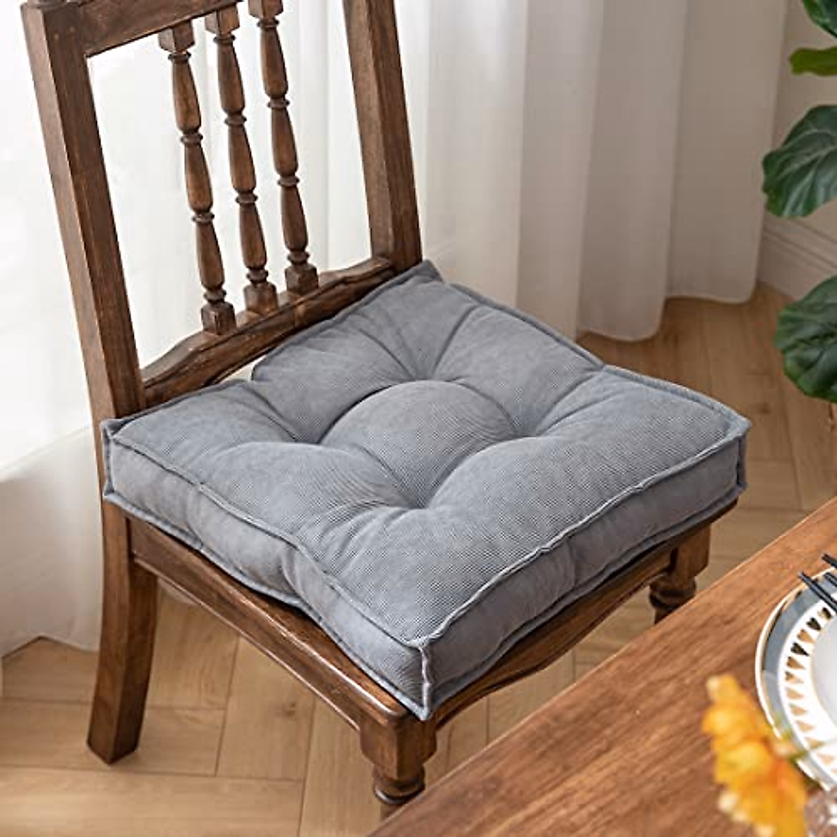 vctops Corduroy Striped Square Chair Cushion Pad Solid Tufted Seat Cushion Pads for Dining Chairs, Office Chairs, Car, Floor, Outdoor, Patio (Grey,18"x18"x3")