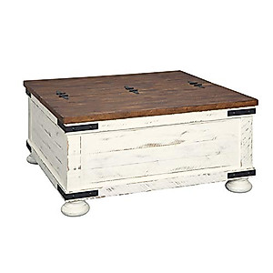 Signature Design by Ashley Wystfield Farmhouse Square Storage Coffee Table with Hinged Lift Top, Distressed White and Chair Side End Table with Cabinet Door for Storage, White & Brown