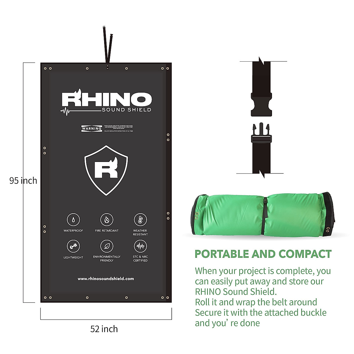 RHINO SOUND SHIELD 95 x 52 inch Soundproof Blanket, Sound Absorbing Blanket, Noise Barrier, Acoustic Sound Blanket, Application for Construction Site, Outdoor Concert, Machinery Shop
