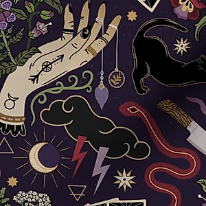 Spoonflower Fabric - Witch Life Purple Cards Cat Plants Crystals Magic Moon Mushrooms Black Printed on Petal Signature Cotton Fabric Fat Quarter - Sewing Quilting Apparel Crafts Decor