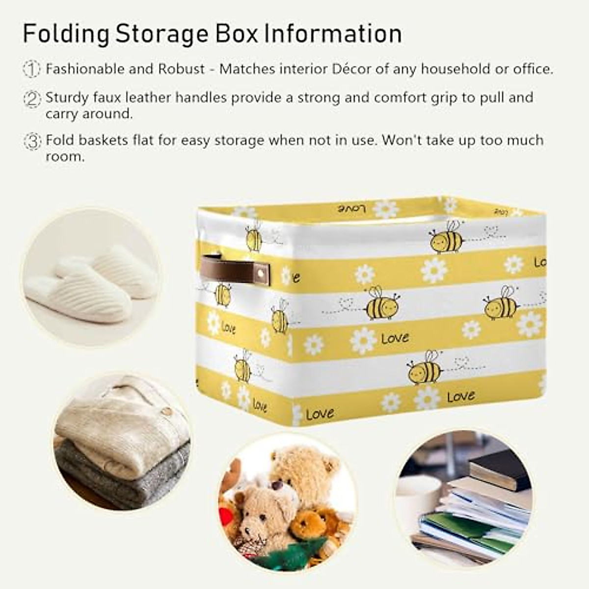 Storage Basket Cube Cartoon Animal Bee with Daisy Large Collapsible Storage Baskets Bins with Handles Laundry Organizer for Closet Shelves Nursery Bathroom Pantry, 1 Pack