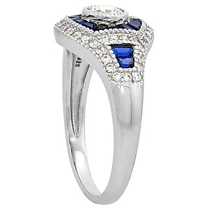 Sterling Silver Art Deco Ring Round CZ 5mm Synthetic Baguette Blue Sapphires 1/2 inch wide size 9