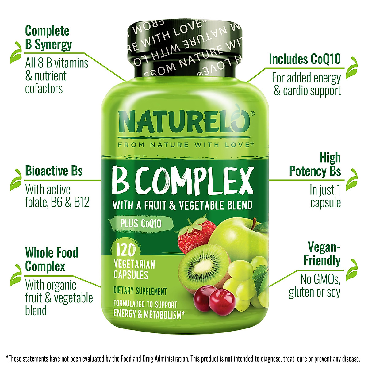 NATURELO Vitamin B Complex with Methyl B12, Methyl Folate, Vitamin B6, Biotin Plus Choline, CoQ10, and Fruit & Vegetable Blend - Supports Energy & Healthy Stress Response - Vegan - 120 Capsules