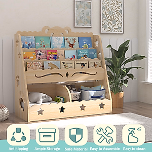 Yaofala Montessori Kids Bookshelf, Wooden Kids Book Rack Storage, Montessori Bookshelf for Kids, Durable Children's Bookcase for Nursery, Kids Room, Playroom, Toddler Bookshelf Rack.