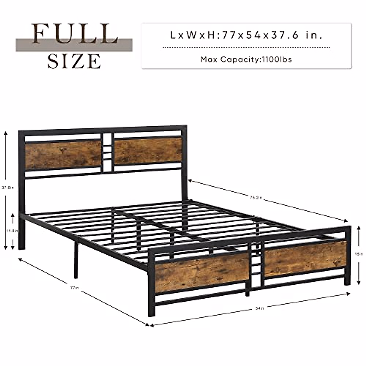 12 Inch Full Size Metal Platform Bed Frame with Wooden Headboard and Footboard, Mattress Foundation, No Box Spring Needed, Large Under Bed Storage, Non-Slip Without Noise(Rustic Brown, Full)