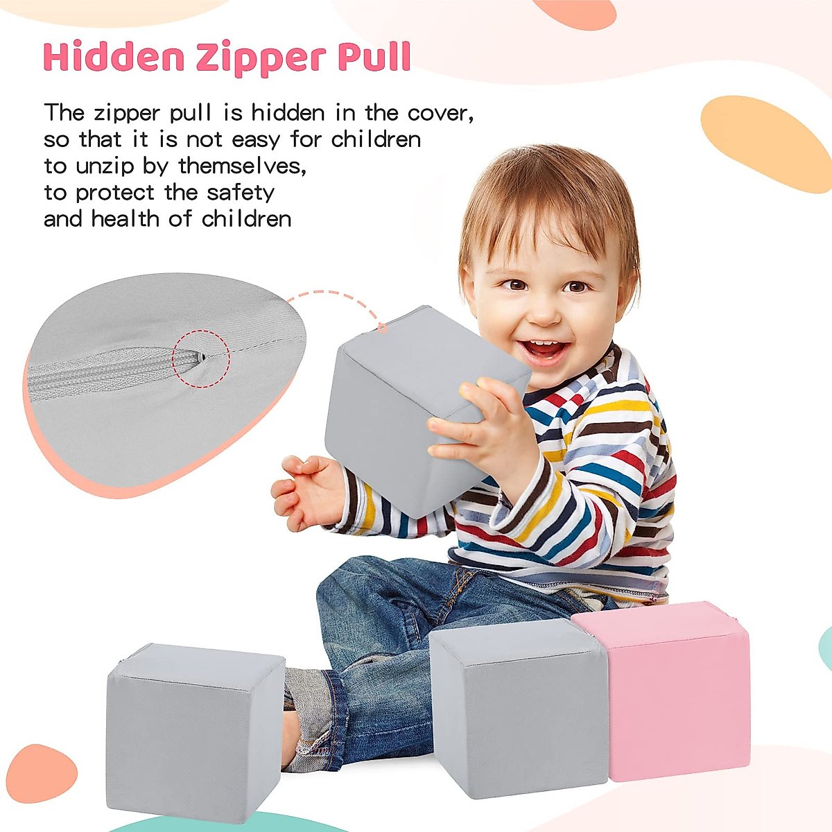 TRENDBOX 12 Pcs Toddler Foam Blocks, 5.5inch Soft Foam Cubes Blocks with Detachable Washable Cover, Soft Play Blocks for Toddlers and Kid （Light Gray & Pink）