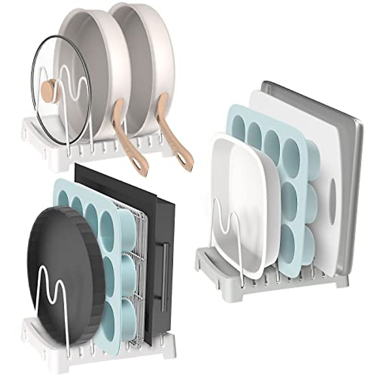 WANCHIY Cookie Sheet Organizer Rack for Cabinet- 3 PACK Pot and Pan Organizer for Cabinet, Adjustable Cutting Board Organizer, Baking/Lid/Dish/Plates/Pan Organizer Rack for Cabinet