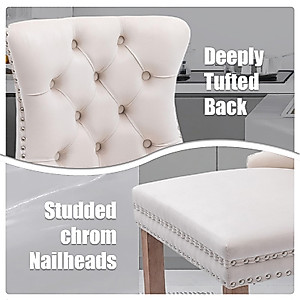 SoarFlash Modern Velvet Upholstered Bar Stools Set of 6 with Wood Legs, Button Tufted,Chrome Nailhead, Counterstool Seat, Armless Bar Chairs (Beige)