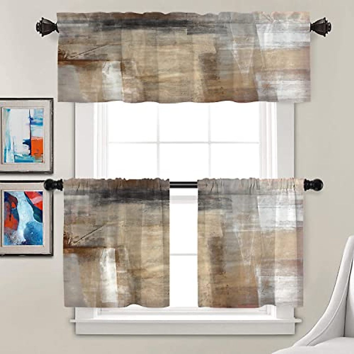 Batmerry Brown Beige Abstract Art Kitchen Valances Half Window Curtain, Brown Art Abstract Acrylic Painting Kitchen Valances for Windows Heat Insulated Valance for Decor Reducing The Light 52x18 Inch