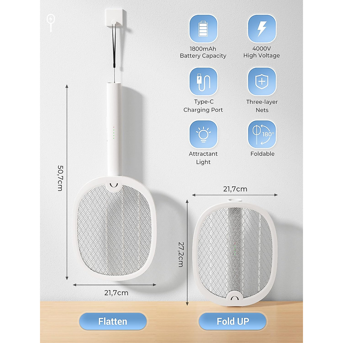 YISSVIC Electric Fly Swatter Foldable Bug Zapper Racket 2 in 1 Mosquito Killer with Purple Attractant Light Rechargeable 1800mAh for Indoor Home Backyard Patio Camping