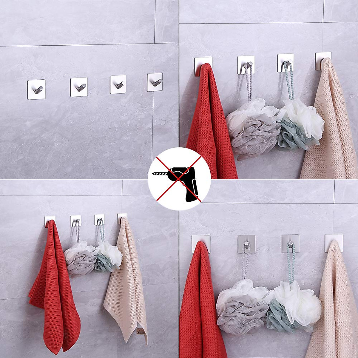 kimzcn Towel Hook/Adhesive Hooks - Wall Hooks for Coat/Robe/Towels Stick on Bathroom/Kitchen 4-Pack, Stainless Steel Brushed Finish