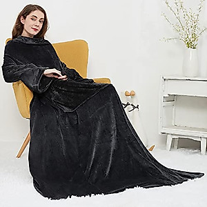 Fleece Wearable Blanket with Sleeves and Foot Pocket for Adult Women Men, Plush Throw with Adjustable Hook & Loop for Lounge Couch Reading Watching TV 79" x 67" Charcoal