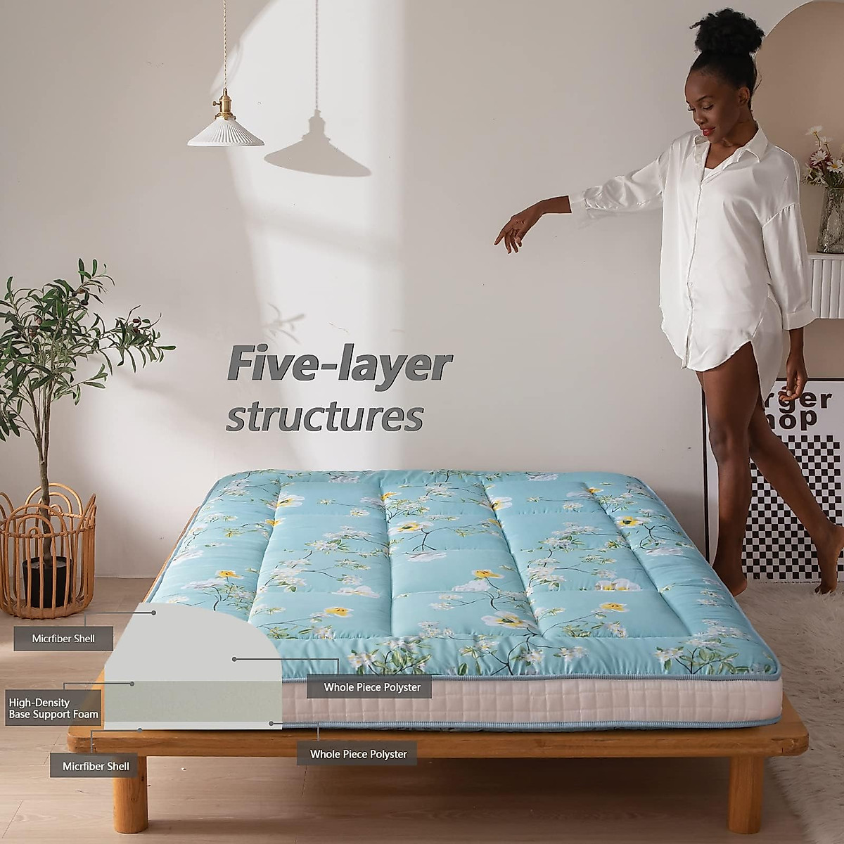 MAXYOYO Rustic Floral Korean Futon Mattress, Japanese Floor Mattress Quilted Bed Mattress Topper, Extra Thick Folding Sleeping Pad Tatami Mat Breathable Floor Lounger Guest Bed for Camping Couch, Full