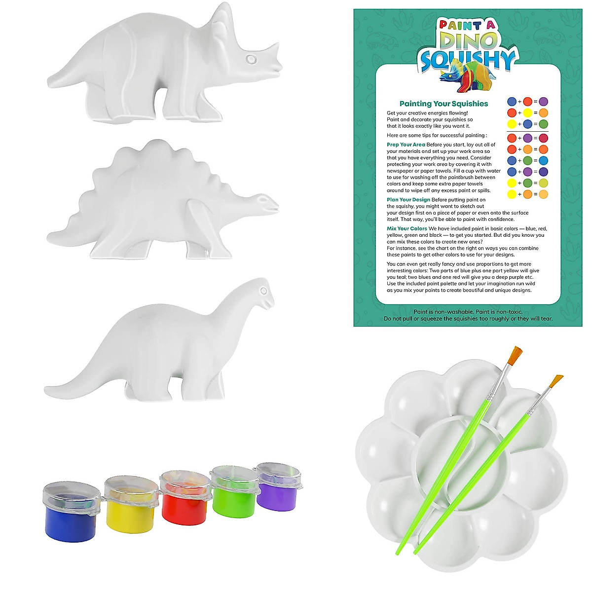 Paint 3 Large Dino Squishies - Paint a Squishy Kit - Make Your Own Squishies with Puffy Paint - Arts and Crafts Gifts for Kids, Boys & Girls - DIY Squishy Makeovers Painting Kit, Dinosaur Toys