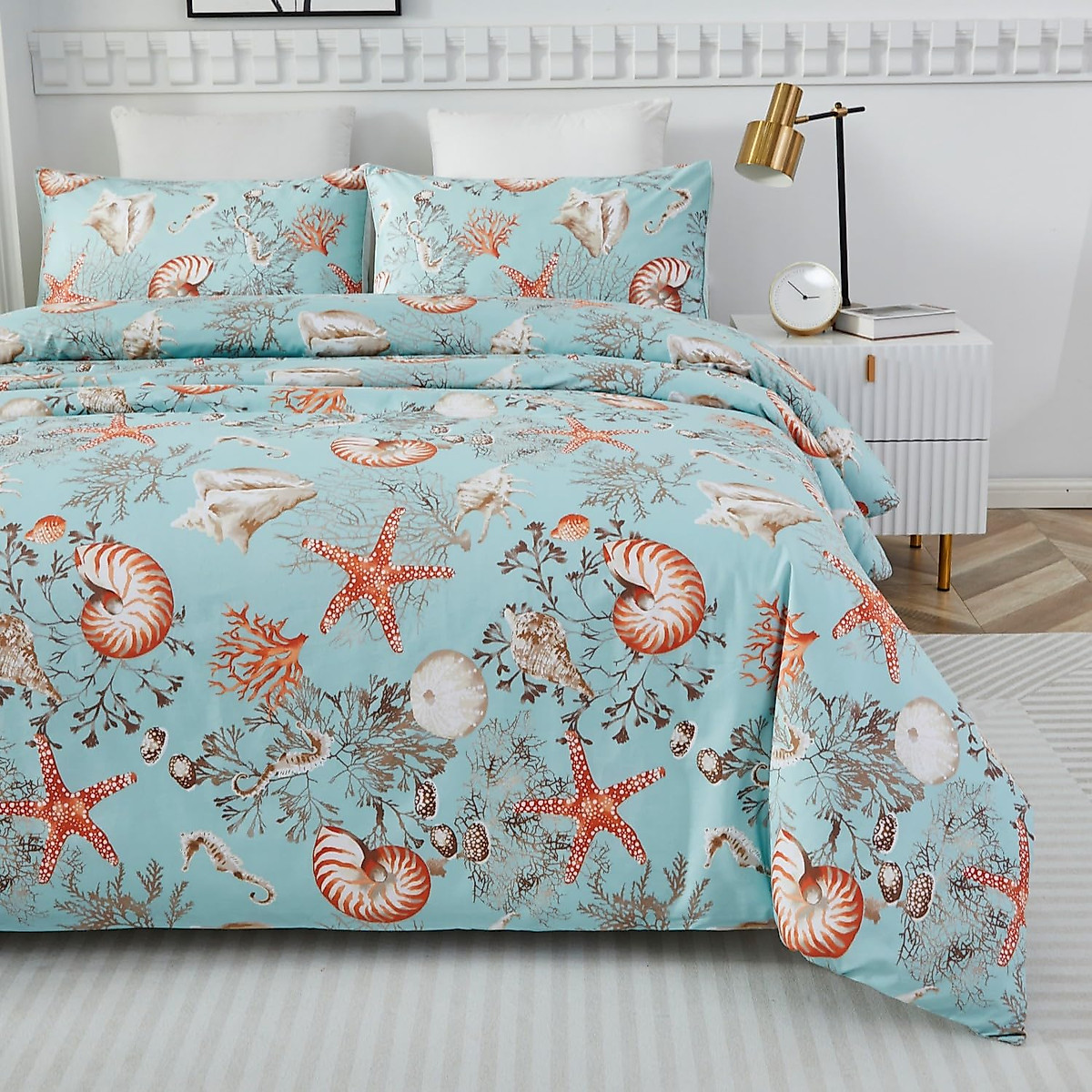 Brandream Luxury Nautical Bedding Set Queen Size Coastal Beach 100% Egyptian Cotton Duvet Cover Set 3-Piece Smooth Crisp Silky (Comforter Not Included)