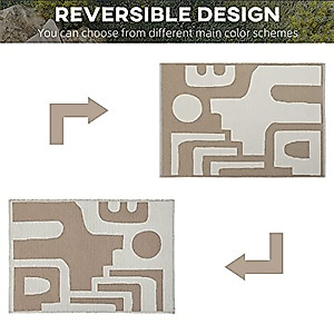 LIVEBOX Abstract Geometric Rug 2' x 3' Washable Small Bathroom Rugs Modern Khaki Cotton Woven Door Mat Concise Reversible Carpet for Bedroom Hallway Entryway Laundry Room