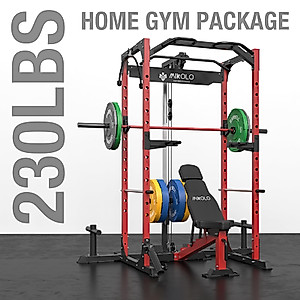 Mikolo Power Cage, Power Rack with LAT Pulldown, 1200 Pounds Capacity Workout Cage with More Training Attachments, Garage & Home Gym Package (Red)