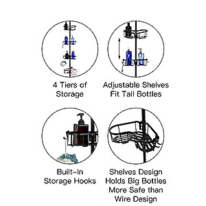Utopia Alley Flat Shelf Tension Rod Shower Organizer - Rustproof Corner Shower Caddy with 4 Adjustable Shelves - Stand Up Shower Corner Shelf, Bathtub Corner Rack - Matte Black Finish