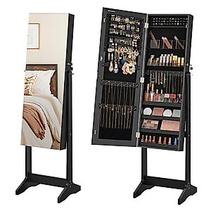SONGMICS Jewelry Cabinet Armoire, Freestanding Lockable Storage Organizer Unit with 2 Plastic Cosmetic Storage, Full-Length Frameless Mirror, for Necklace Earring, Black UJJC002B01