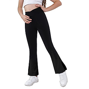 Teen Girls Bootcut Yoga Pants Kids Active Crossover Split Hem Flare Leggings with Pockets Black